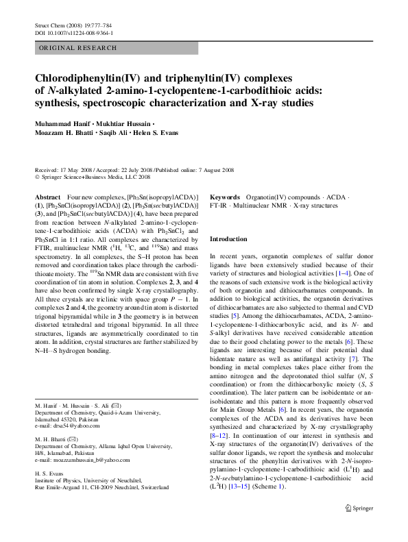 (PDF) Chlorodiphenyltin(IV) and triphenyltin(IV) complexes of N-alkylated 2-amino-1-cyclopentene ...