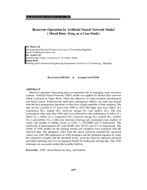 (PDF) ANN Model for Reservoir Operation at Mosul Dam