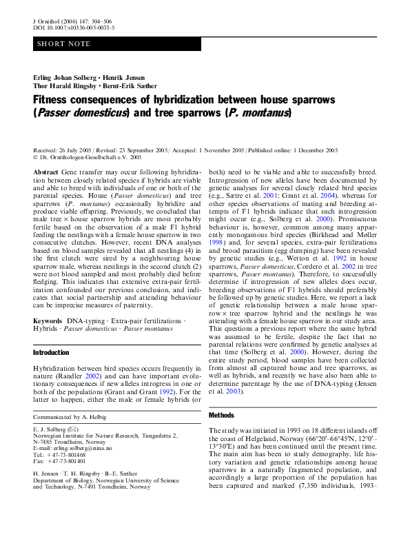 (PDF) Fitness consequences of hybridization between house sparrows ...