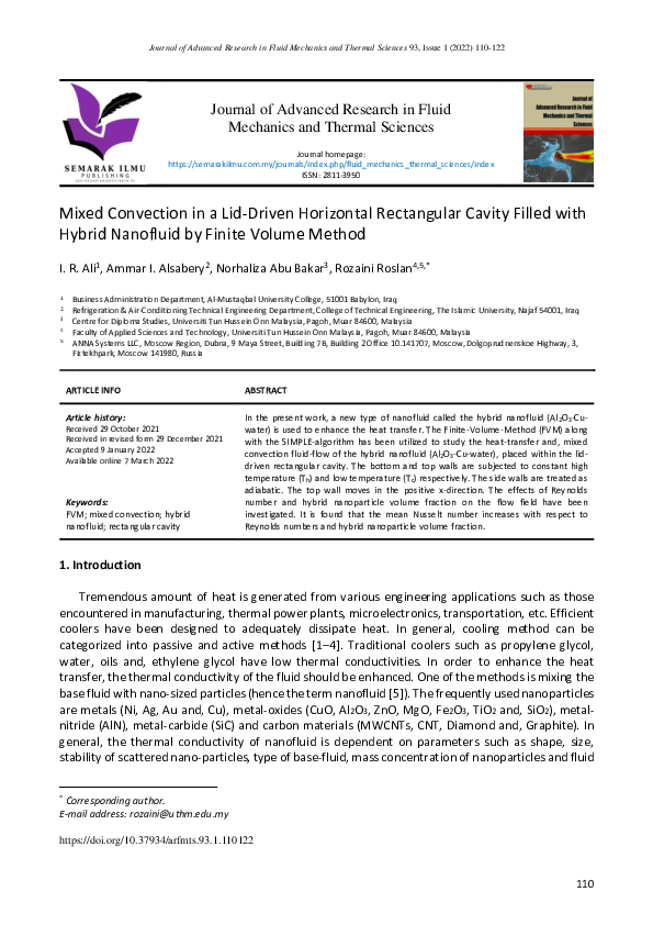 Pdf Mixed Convection In A Lid Driven Horizontal Rectangular Cavity Filled With Hybrid