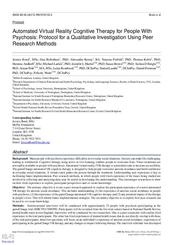 (PDF) Automated Virtual Reality Cognitive Therapy for People With ...