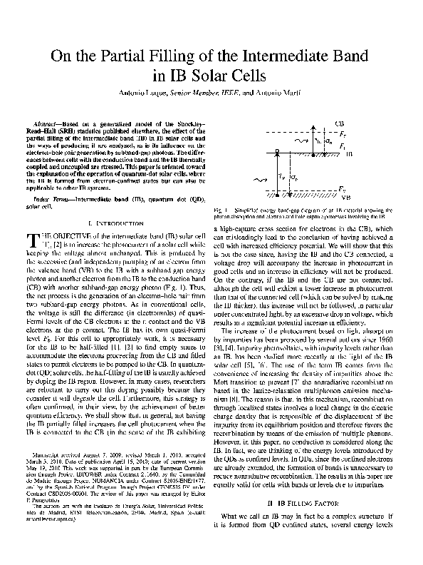 (PDF) On the Partial Filling of the Intermediate Band in IB Solar Cells