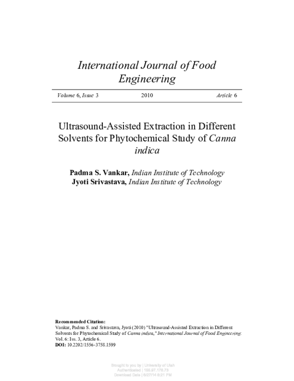 (PDF) Ultrasound-Assisted Extraction in Different Solvents for Phytochemical Study of Canna indica