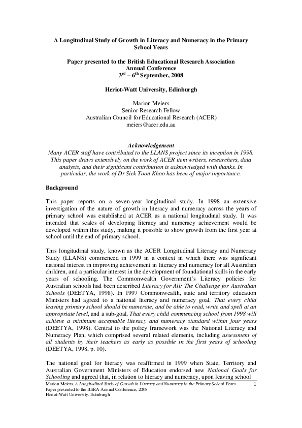 (PDF) A Longitudinal Study of Growth in Literacy and Numeracy in the ...