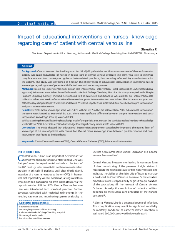 (PDF) Impact of educational interventions on nurses' knowledge regarding care of patient with ...