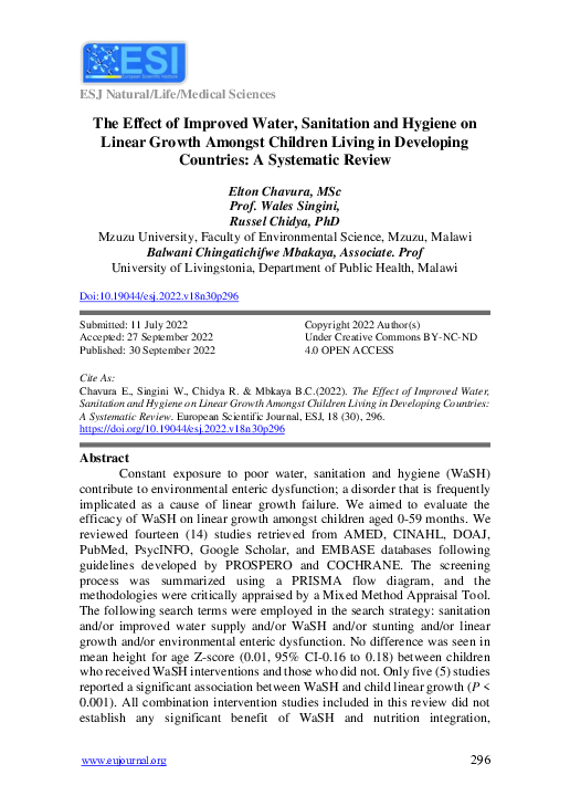 (PDF) The Effect of Improved Water, Sanitation and Hygiene on Linear ...