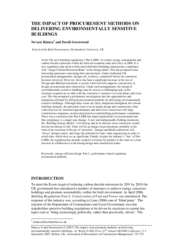 (PDF) The impact of procurement methods on delivering environmentally ...