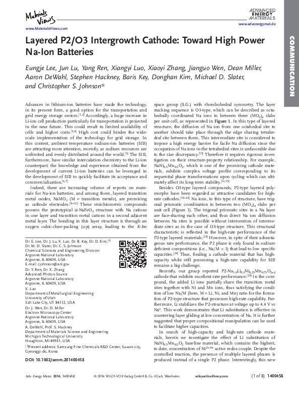(PDF) Layered P2/O3 Intergrowth Cathode: Toward High Power Na-Ion Batteries