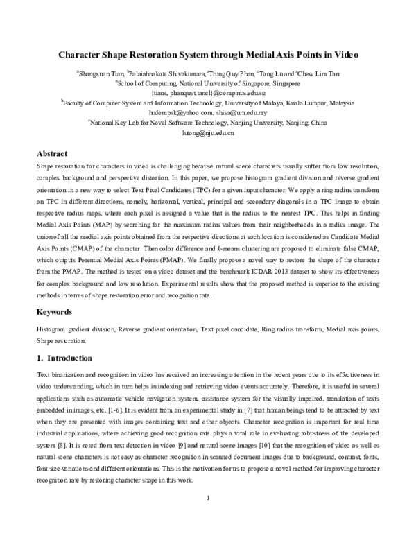 (PDF) Character shape restoration system through medial axis points in video