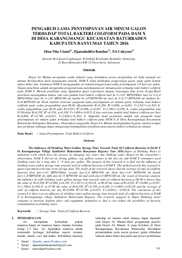 (PDF) Pengaruh Lama Penyimpanan Air Minum Galon Terhadap Total Bakteri Coliform Pada Dam X DI ...