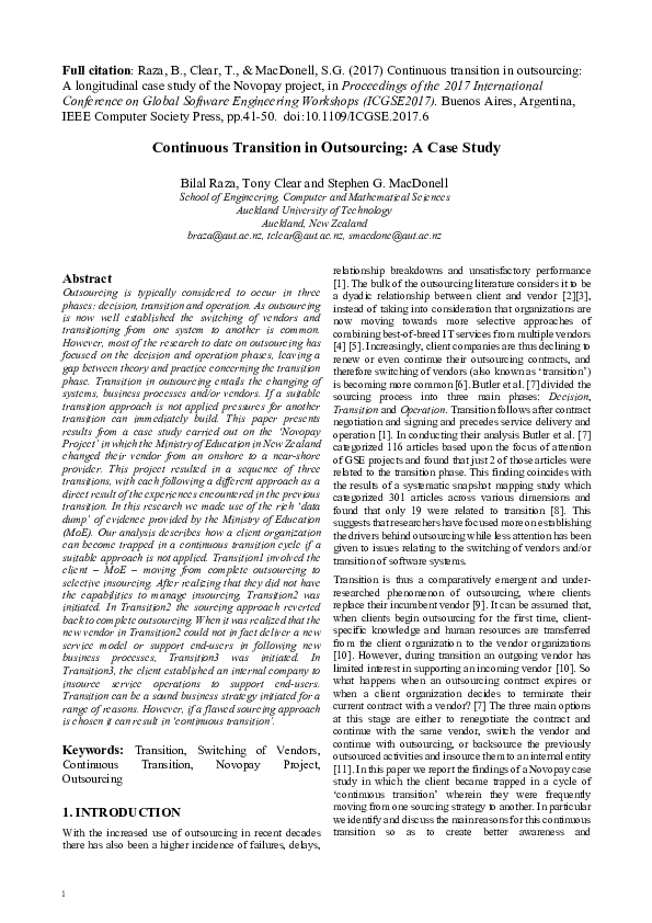 (PDF) Continuous Transition in Outsourcing: A Case Study