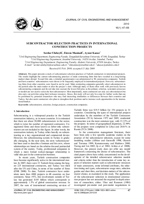 (PDF) Subcontractor Selection Practices in International Construction Projects | Aynur Kazaz ...