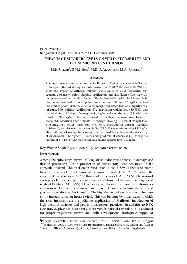 (PDF) Impacts of sulphur levels on yield, storability and economic ...