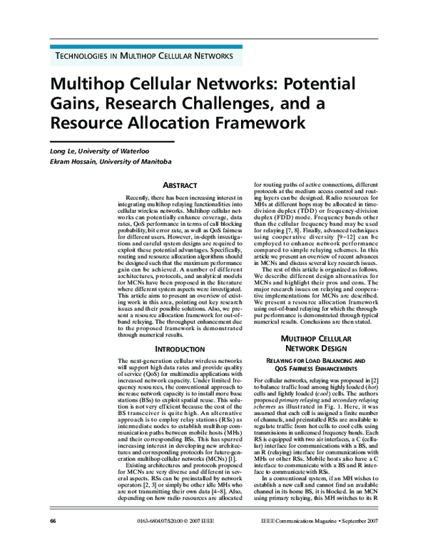 (PDF) Multihop Cellular Networks: Potential Gains, Research Challenges, and a Resource ...