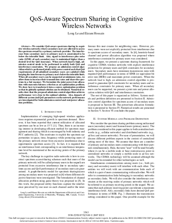(PDF) QoS-Aware Spectrum Sharing in Cognitive Wireless Networks | Long Lê - Academia.edu