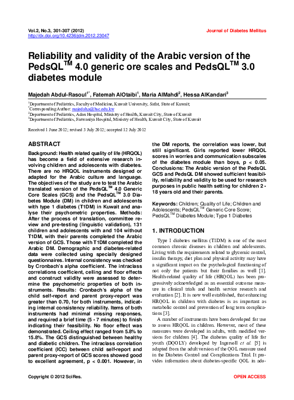 (PDF) Reliability and validity of the Arabic version of the PedsQL TM 4.0 generic ore scales and ...