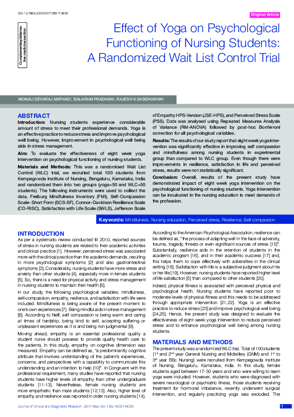 (PDF) Effect of Yoga on Psychological Functioning of Nursing Students: A Randomized Wait List ...