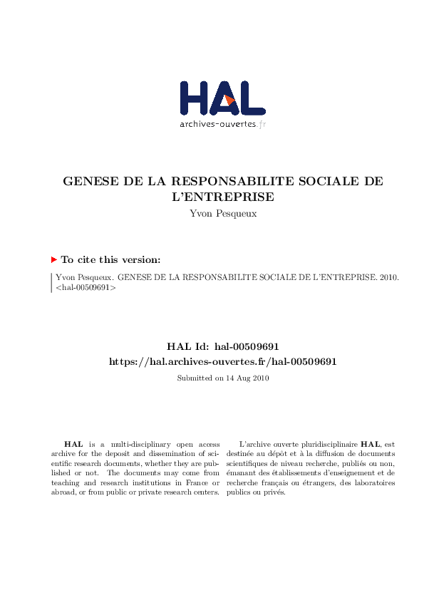 (PDF) Genese De La Responsabilite Sociale De L'Entreprise