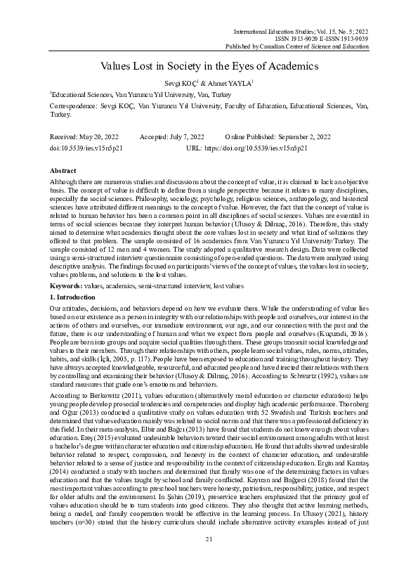 (PDF) Values Lost in Society in the Eyes of Academics