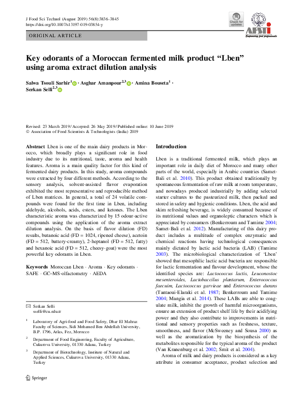 (PDF) Key odorants of a Moroccan fermented milk product “Lben” using ...