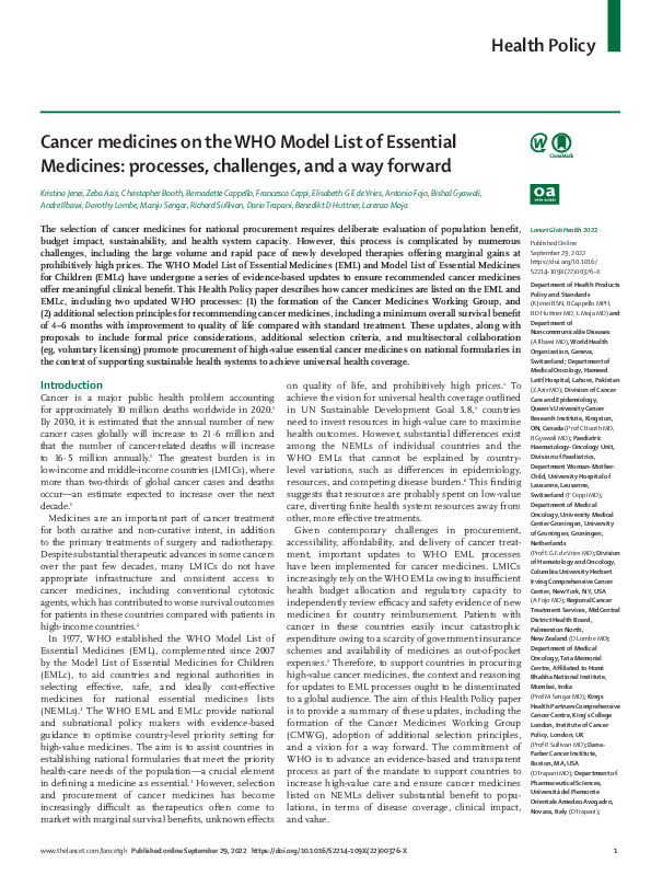(PDF) Cancer medicines on the WHO Model List of Essential Medicines ...