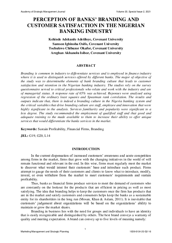 (PDF) Perception of Banks’ Branding and Customer Satisfaction in the Nigerian Banking Industry