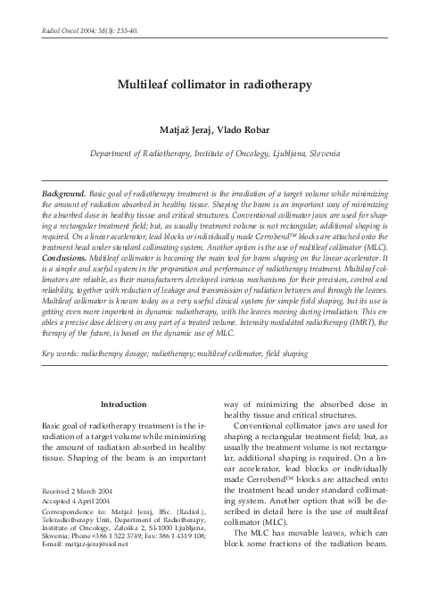 (PDF) Multileaf collimator in radiotherapy
