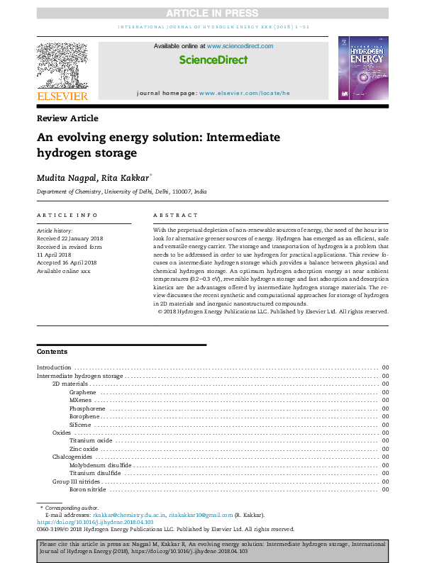 (PDF) An evolving energy solution: Intermediate hydrogen storage