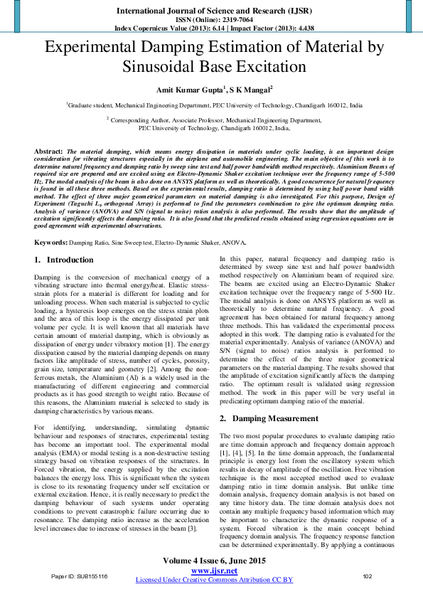 Pdf Experimental Damping Estimation Of Material By Sinusoidal Base