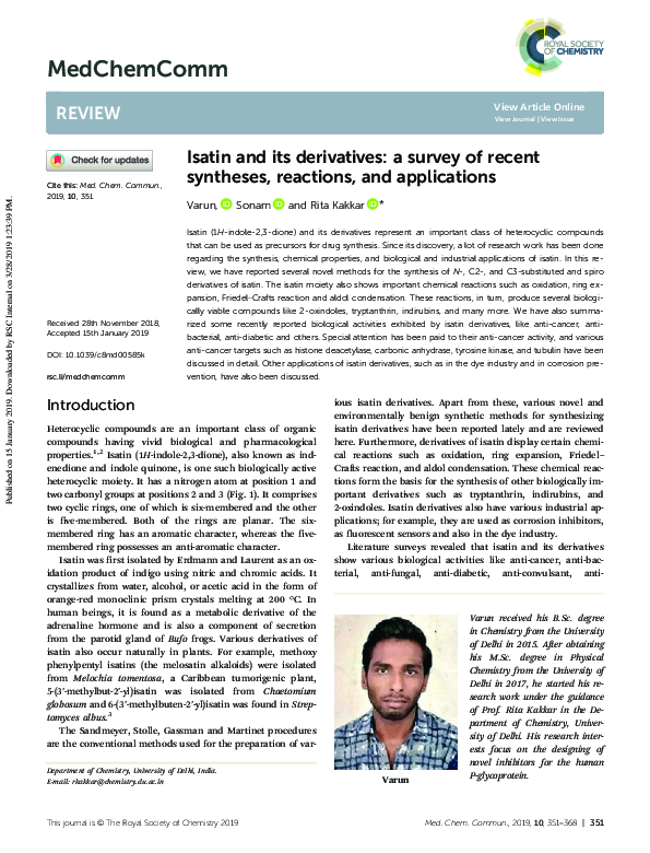 (PDF) Isatin and its derivatives: a survey of recent syntheses ...
