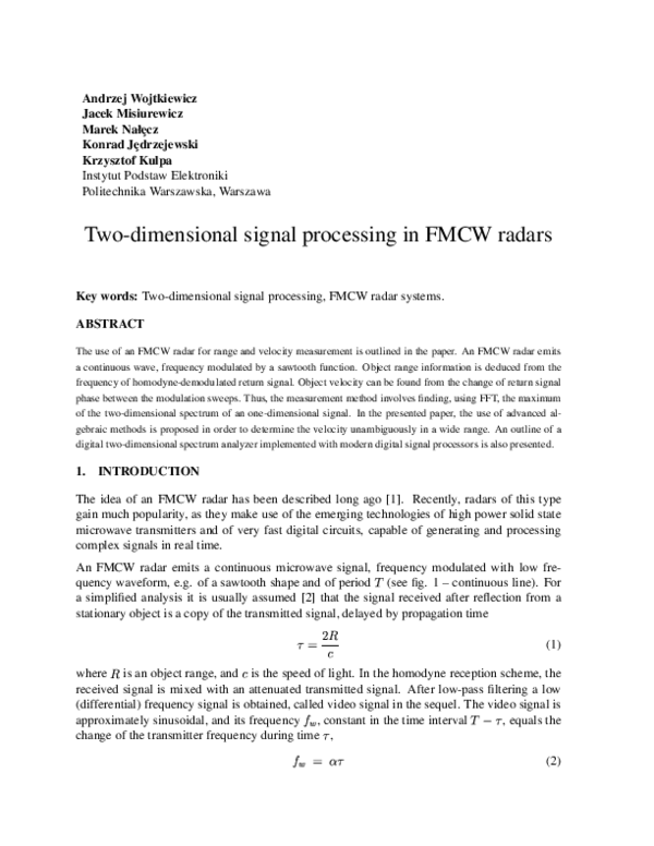 (PDF) Two-dimensional signal processing in FMCW radars