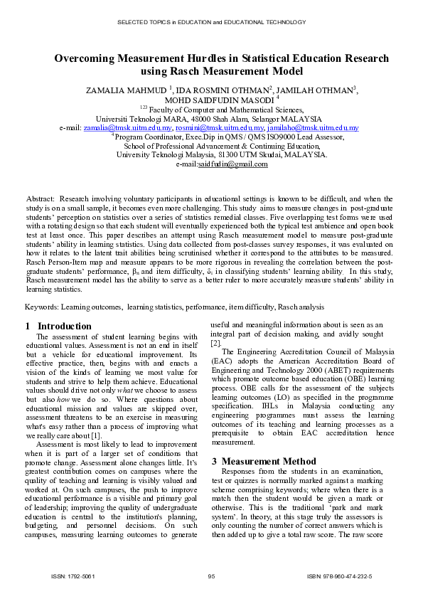 (PDF) Overcoming Measurement Hurdles in Statistical Education Research using Rasch Measurement Model