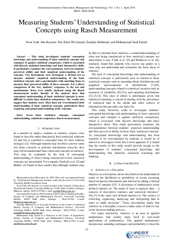 (PDF) Measuring students' understanding of statistical concept using rasch measurement