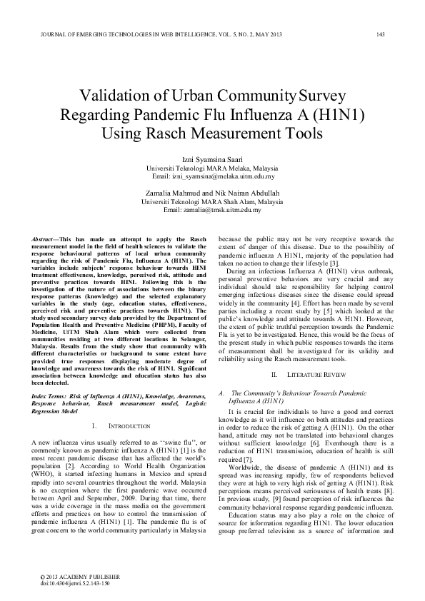 (PDF) Validation of Urban Community Survey Regarding Pandemic Flu ...