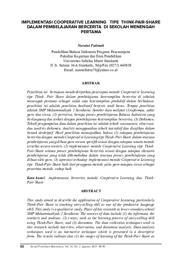 (PDF) Implementasi Cooperative Learning Tipe Think-Pair-Share Dalam Pembelajaran Bercerita DI ...