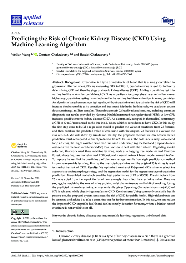 (PDF) Predicting the Risk of Chronic Kidney Disease (CKD) Using Machine Learning Algorithm