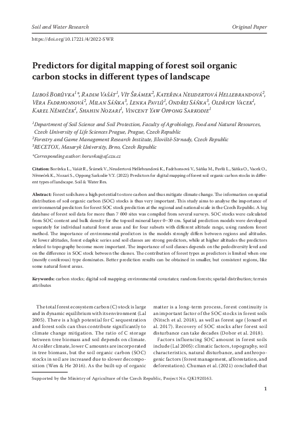 (PDF) Predictors for digital mapping of forest soil organic carbon stocks in different types of ...
