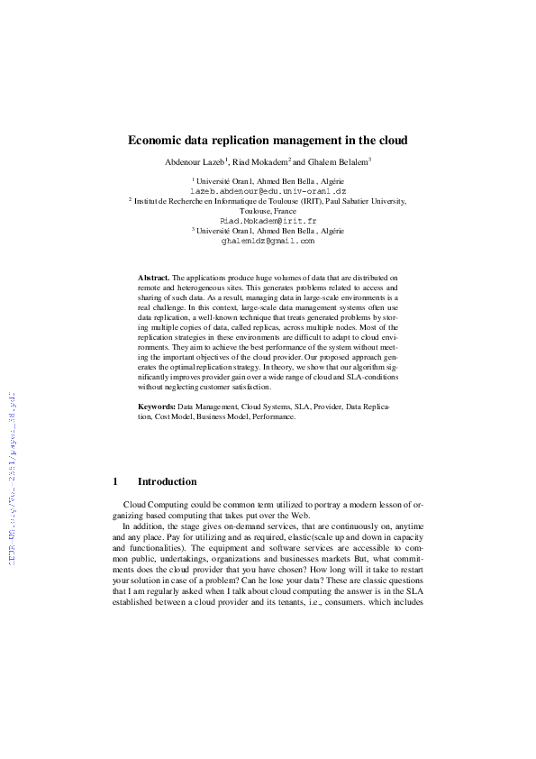 (PDF) Economic Data Replication Management in the Cloud