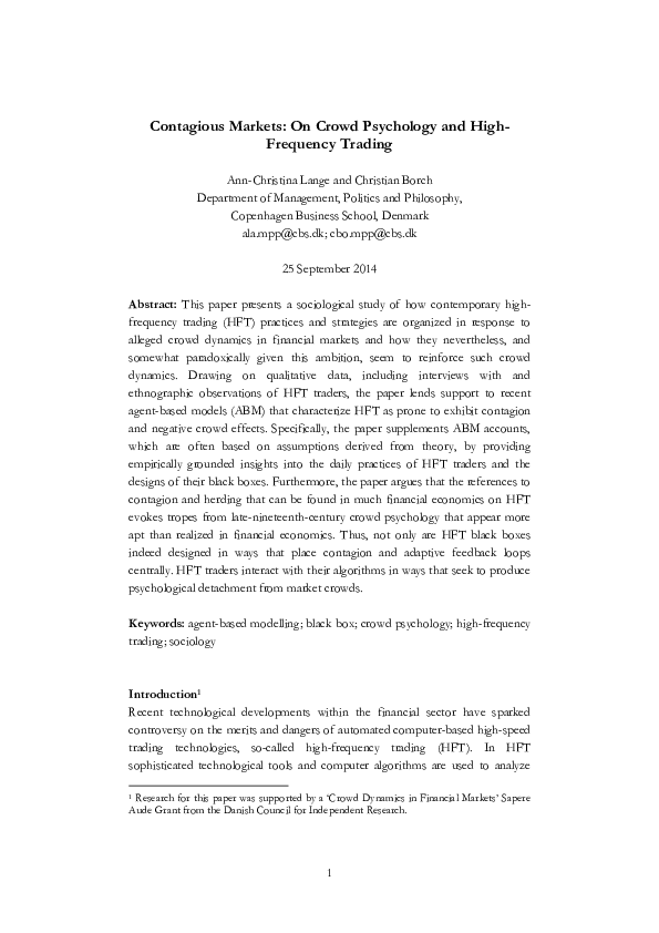 (PDF) Contagious Markets : On Crowd Psychology and High-Frequency Trading