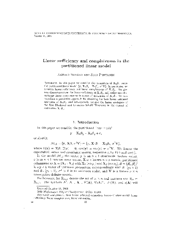 Pdf Linear Sufficiency And Completeness In The Partitioned Linear Model