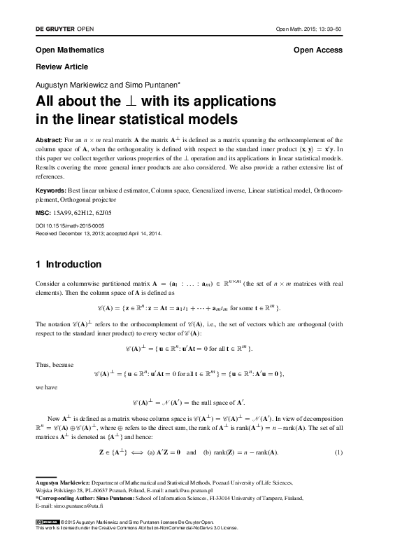 (PDF) All about the ⊥ with its applications in the linear statistical models