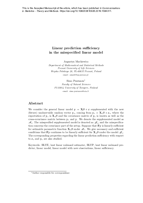(PDF) Linear prediction sufficiency in the misspecified linear model ...