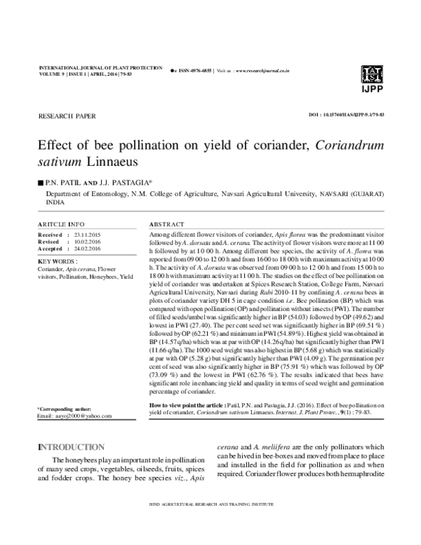 Pdf Effect Of Bee Pollination On Yield Of Coriander Coriandrum