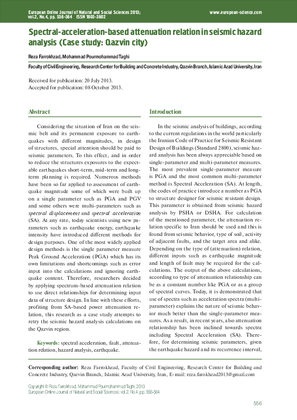 (PDF) Spectral-acceleration-based attenuation relation in seismic hazard analysis (Case study ...