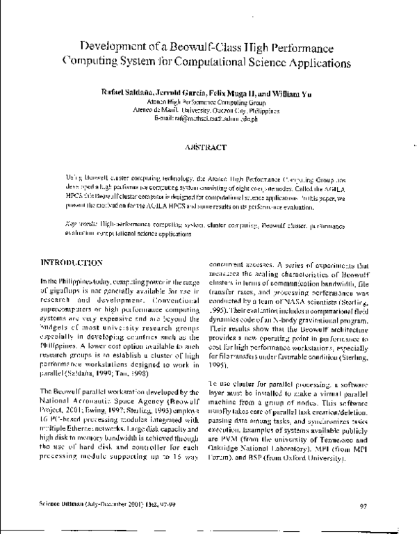 Pdf Development Of A Beowulf Class High Performance Computing System For Computational Science