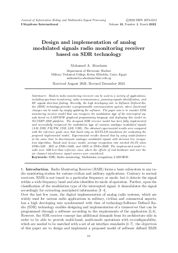 (PDF) Design and implementation of analog modulated signals radio monitoring receiver based on ...