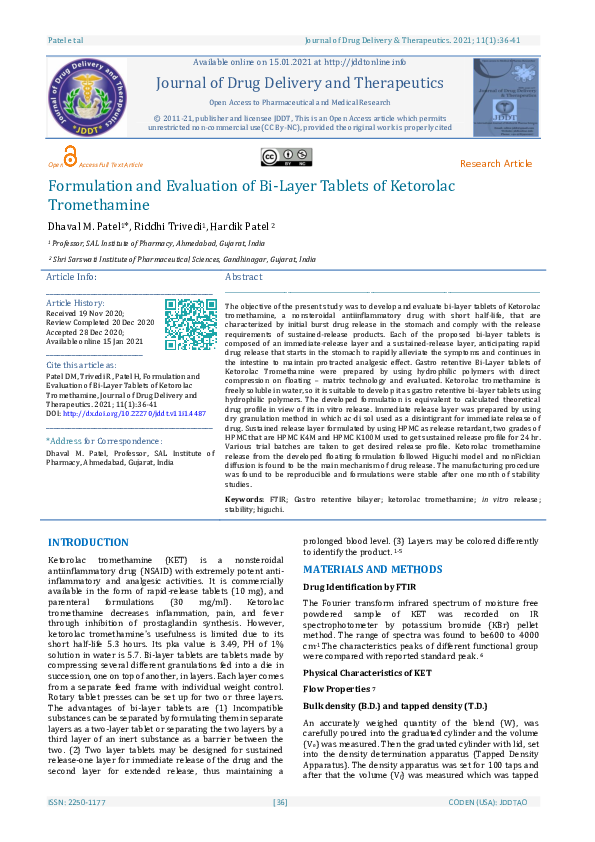 Pdf Formulation And Evaluation Of Bi Layer Tablets Of Ketorolac Tromethamine