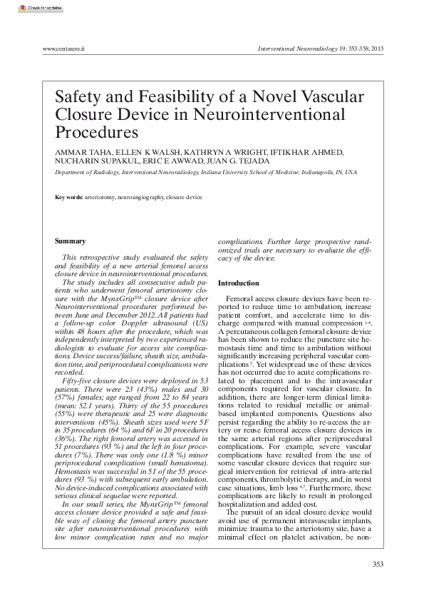 (PDF) Safety and feasibility of a novel vascular closure device in ...