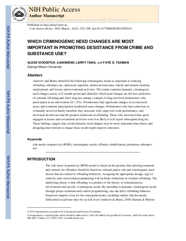 (PDF) Which Criminogenic Need Changes Are Most Important in Promoting ...