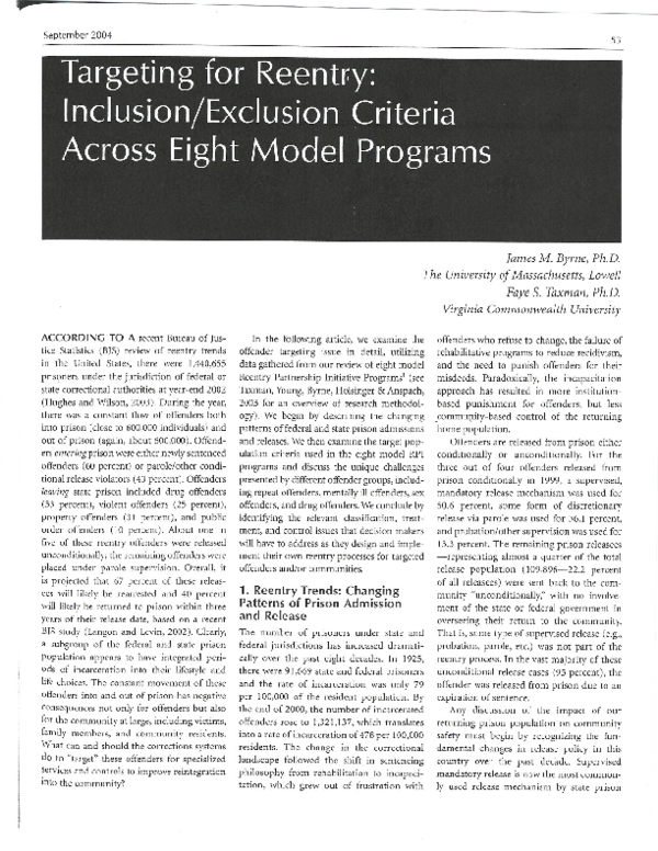 (PDF) Targeting for Reentry: Inclusion/Exclusion Criteria Across Eight ...